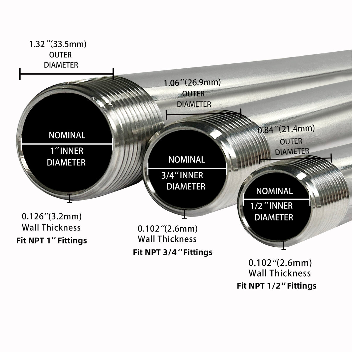 GeilSpace Stainless Steel Pipe, 304 Pipe Nipple Fits Standard Threaded